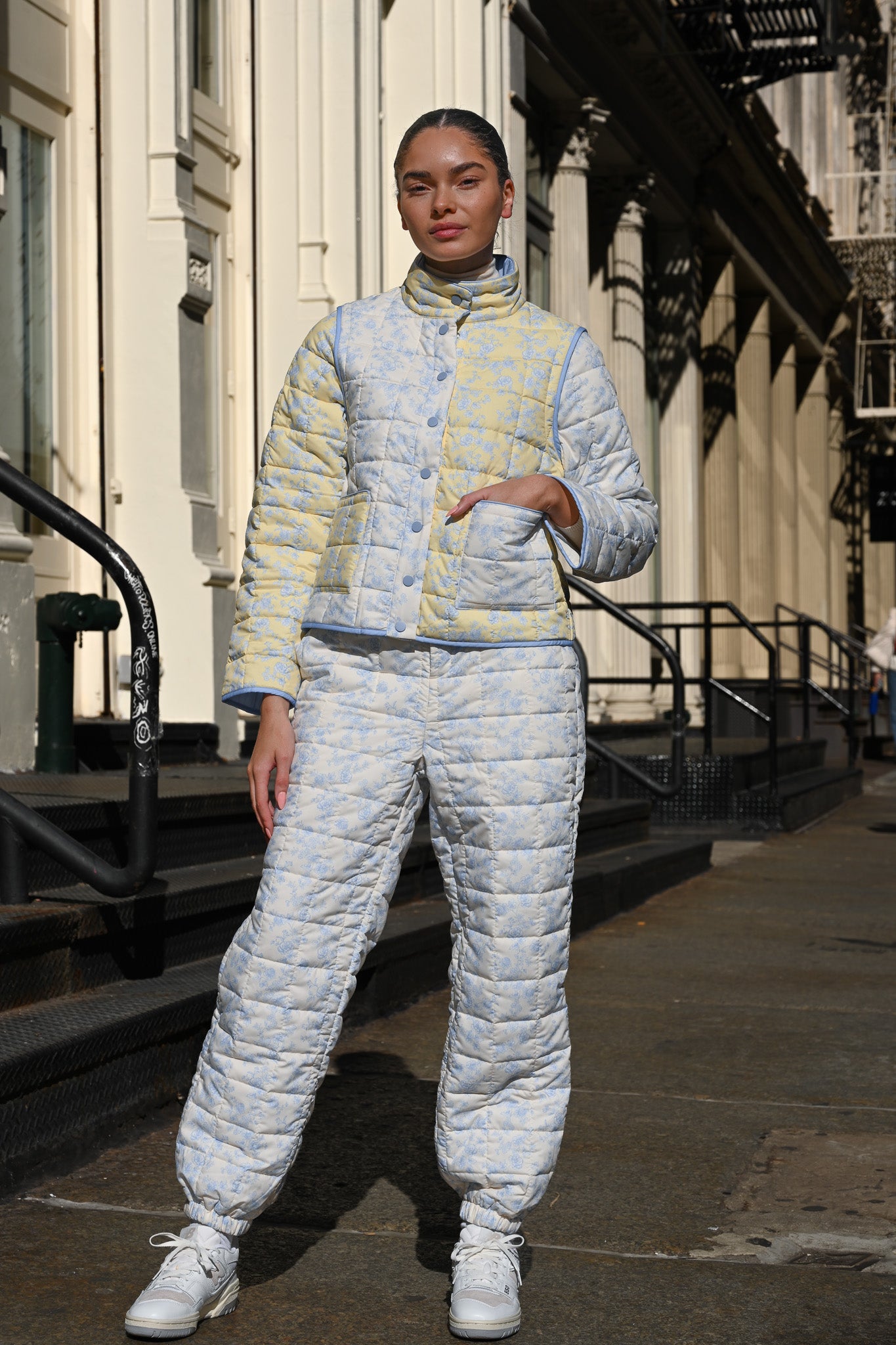 Amelia Quilted Convertible Jacket — Colorblock Toile – Yellow The Label