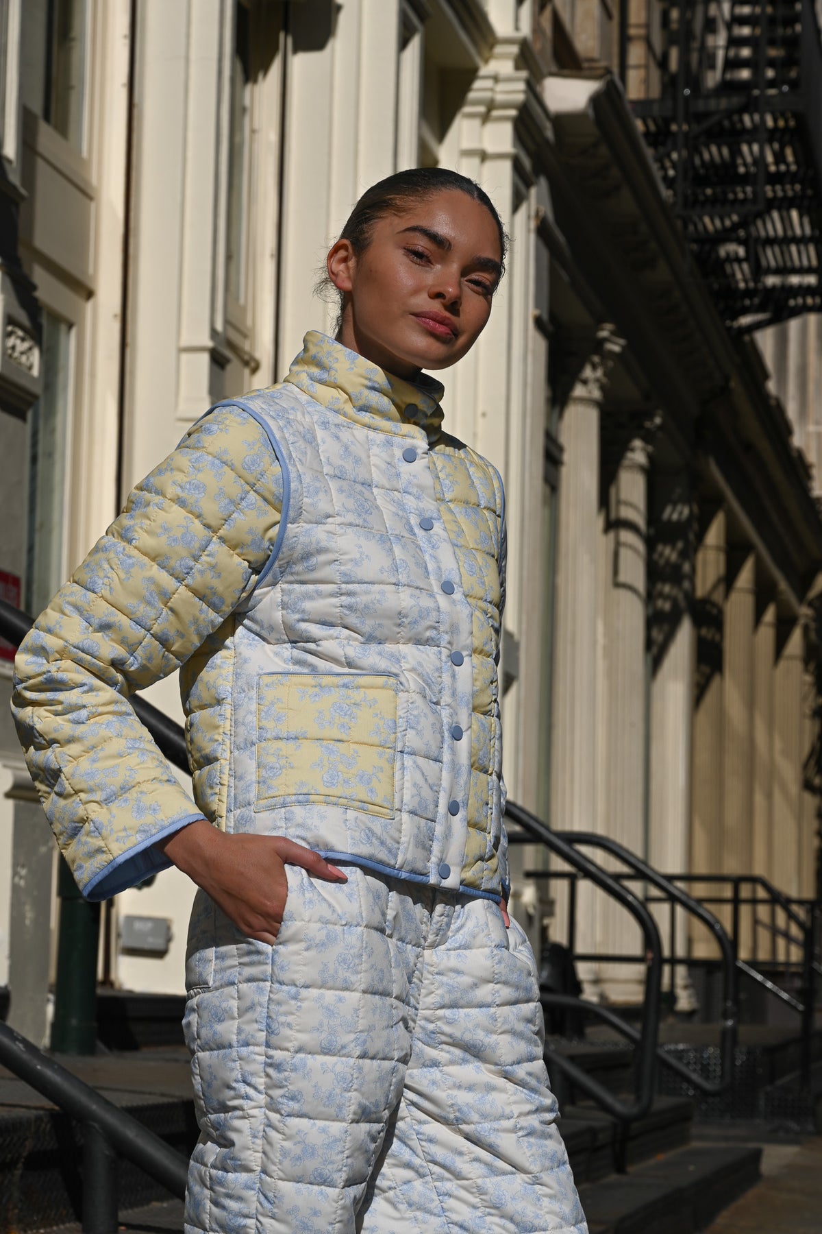 Amelia Quilted Convertible Jacket — Colorblock Toile