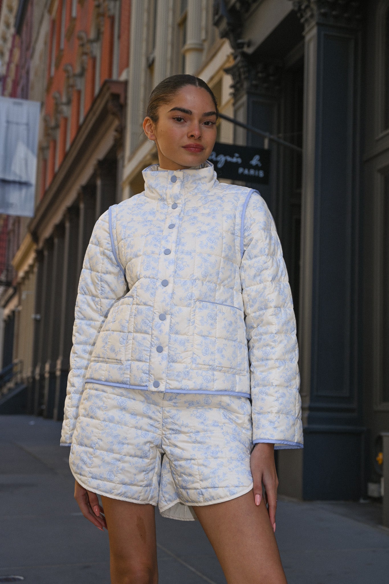 Amelia Quilted Convertible Jacket — Blue Toile – Yellow The Label