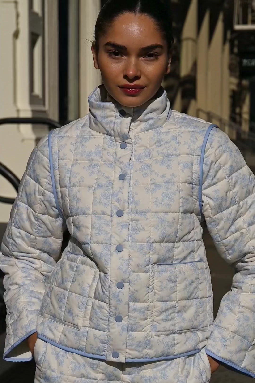 Amelia Quilted Convertible Jacket — Blue Toile – Yellow The Label